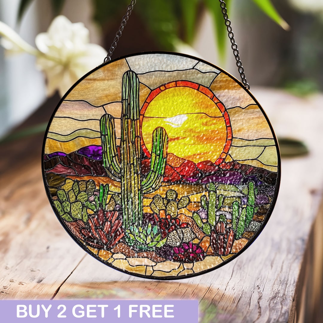 Stained Glass Desert Sunset Suncatcher – Vibrant Cactus and Succulent ...