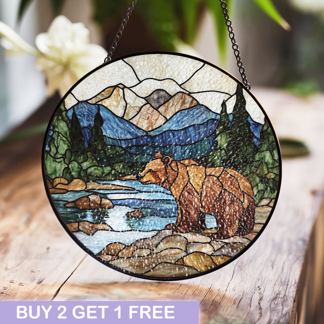 Stained Glass Bear Suncatcher - Mountain Wilderness Art for Windows and ...