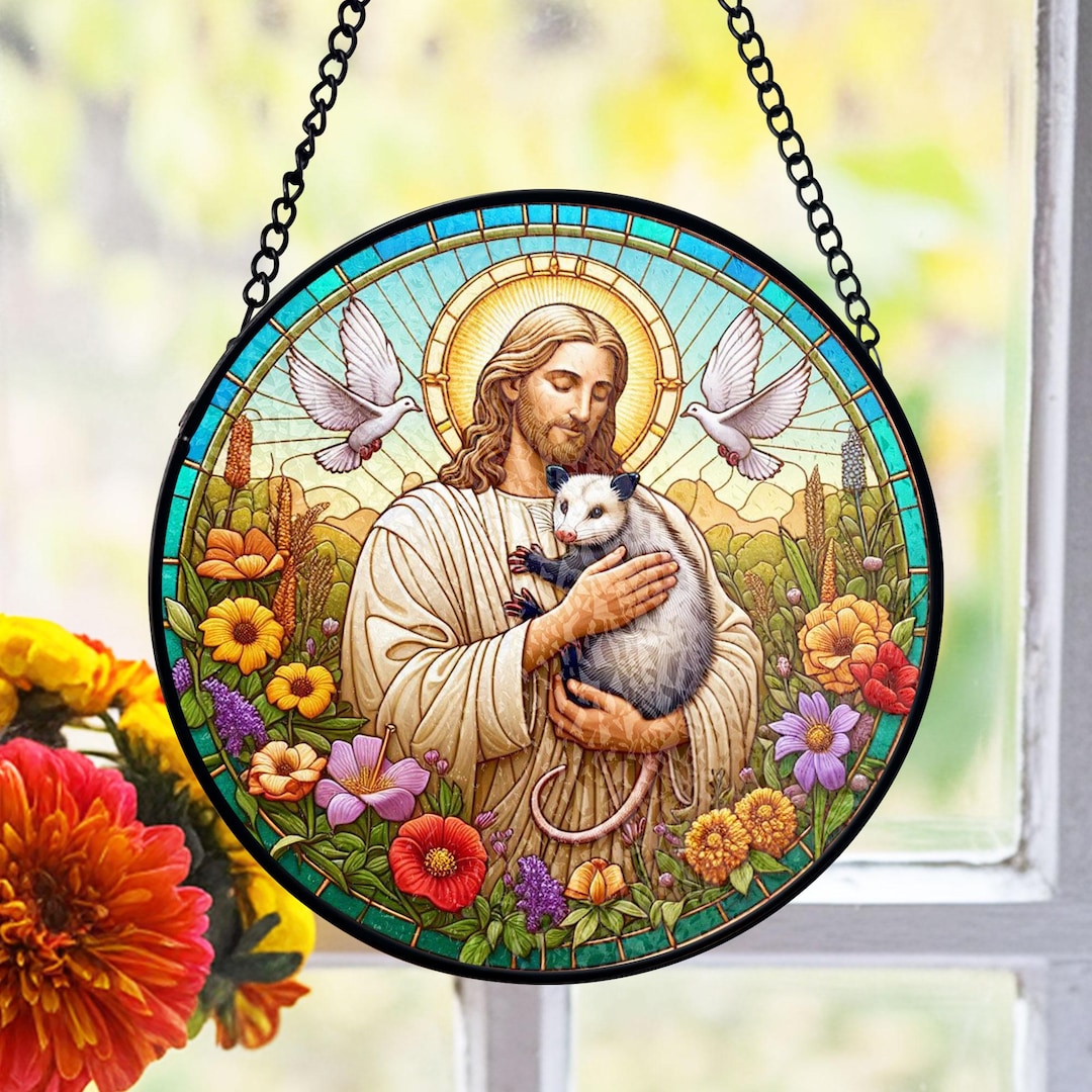 Jesus Hugging Opossum Stained Glass Suncatcher, Funny Christian Decor ...