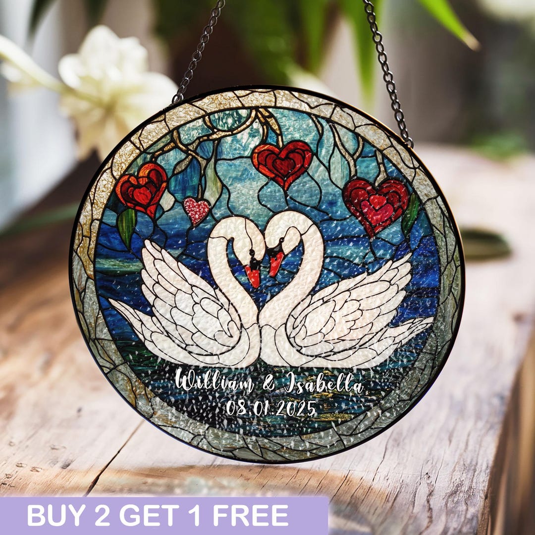 Elegant Swan Couple Stained Glass Panel With Personalized Names and ...