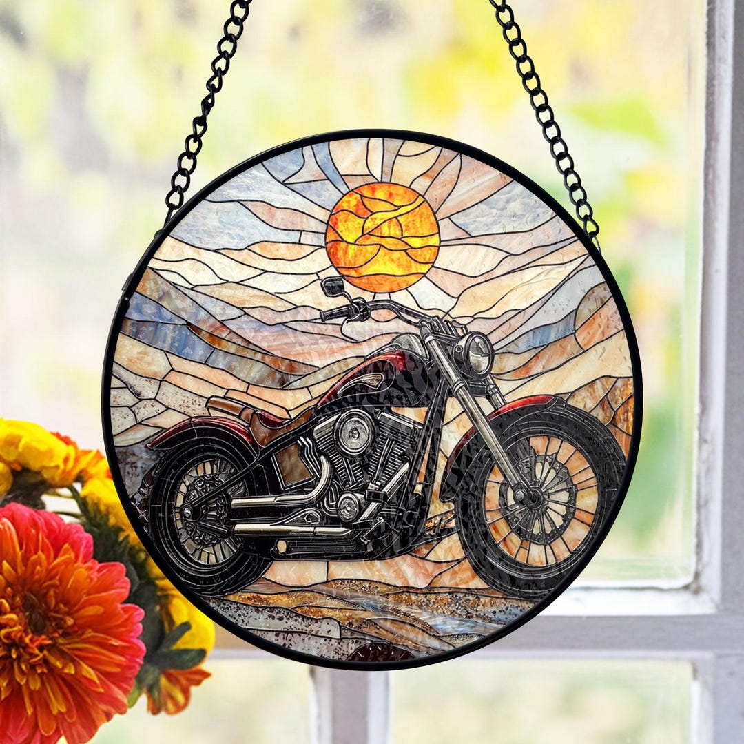 Motorcycle Stained Glass Suncatcher, Sunset Road Scene Window Decor ...