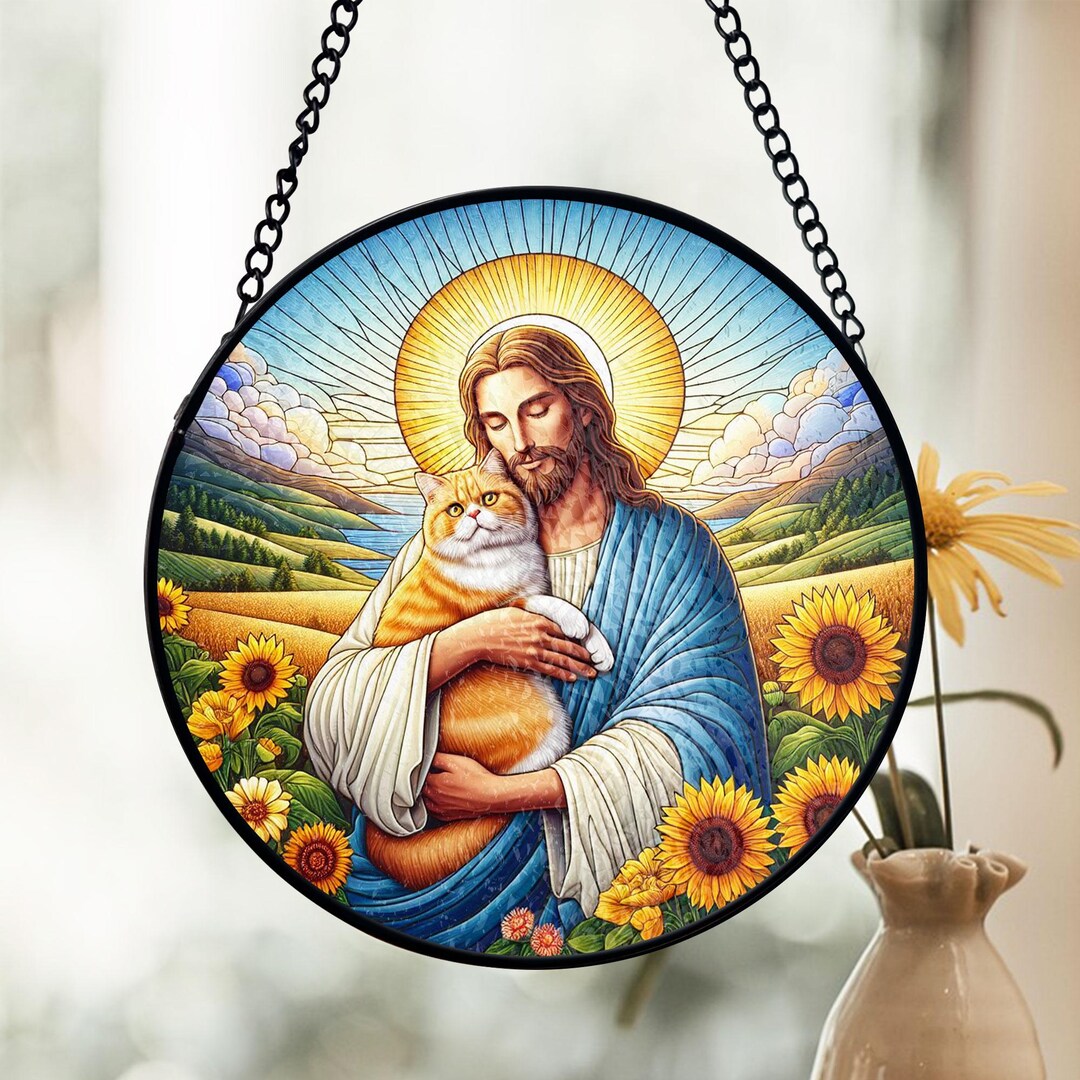 Jesus Hugging Exotic Shorthair Cat Stained Glass Suncatcher, Spiritual ...