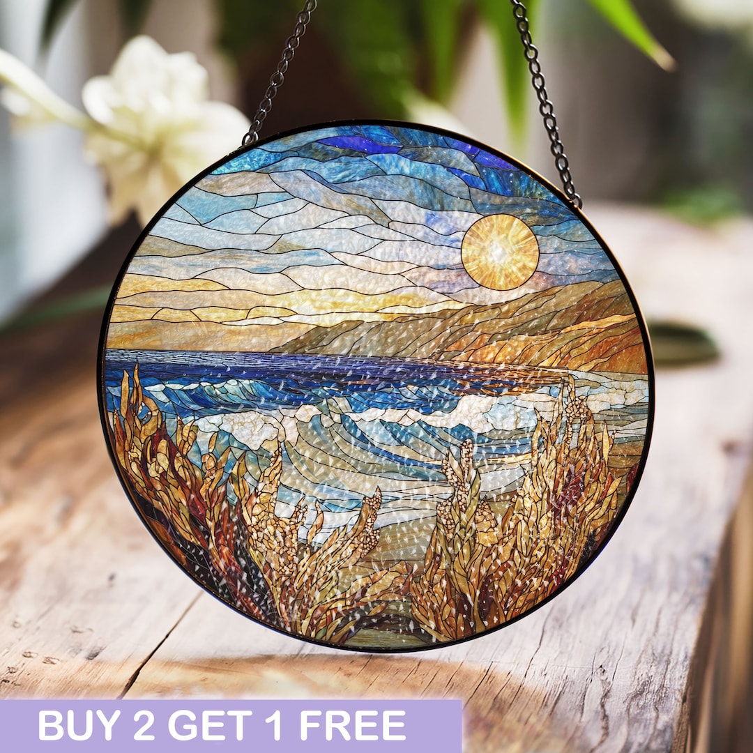 Ocean Sunset Stained Glass Panel With Rolling Waves and Coastal ...