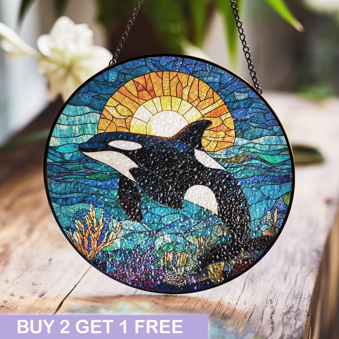 Orca Whale Stained Glass Art Panel - Ocean Scene With Sunset Circular ...