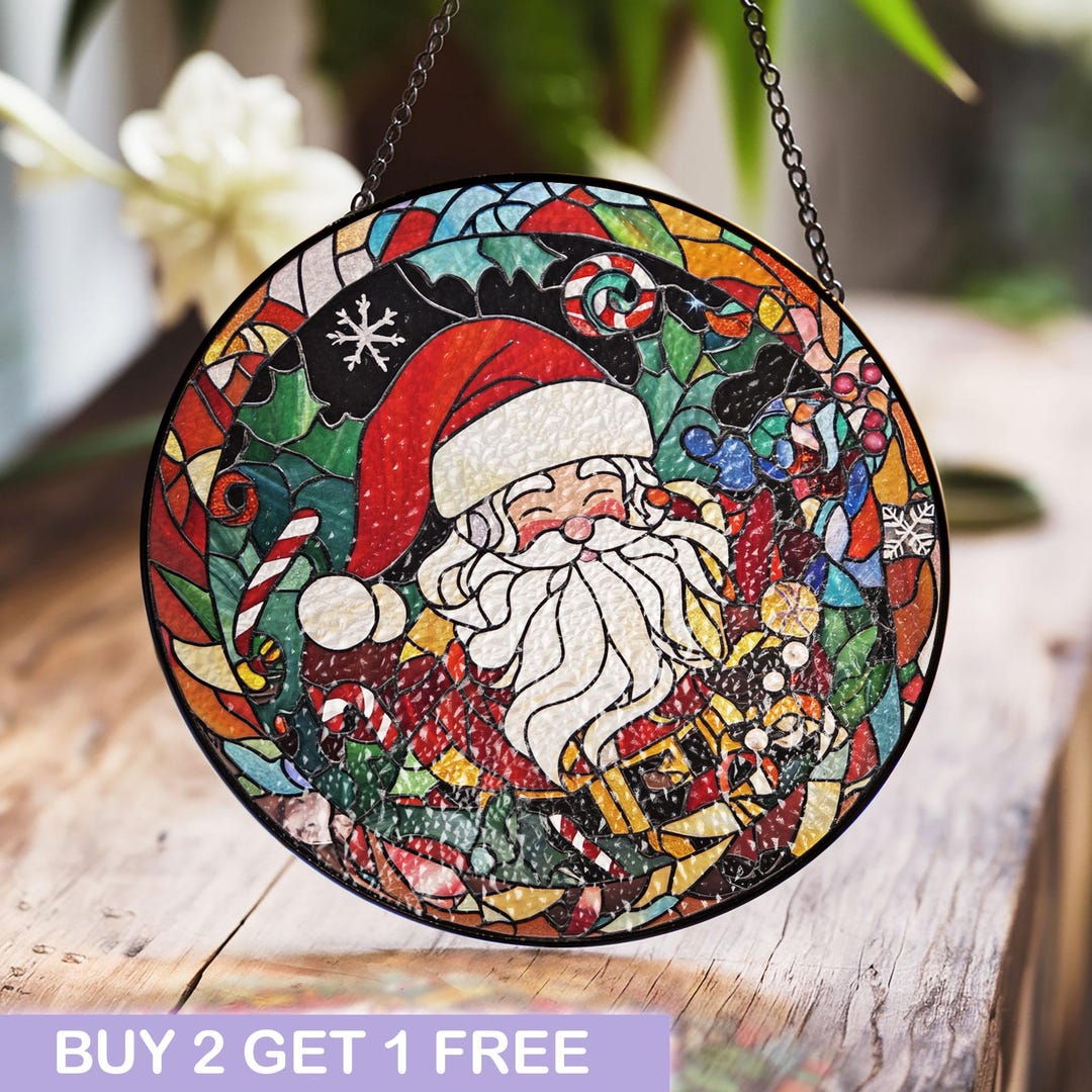 Jolly Santa Claus Stained Glass Window Panel - Festive Round Christmas ...