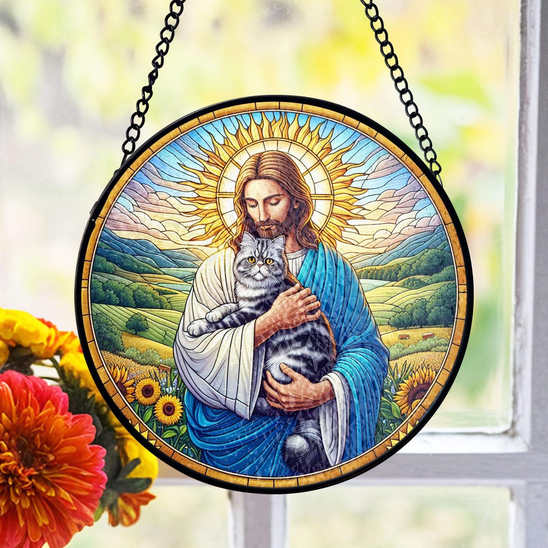 Jesus Hugging Exotic Shorthair Cat Stained Glass Suncatcher, Spiritual ...