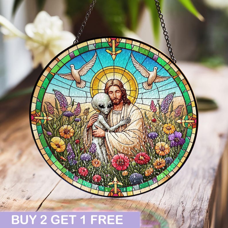 Jesus Hugging Alien Stained Glass Suncatcher, Funny Christian Decor ...