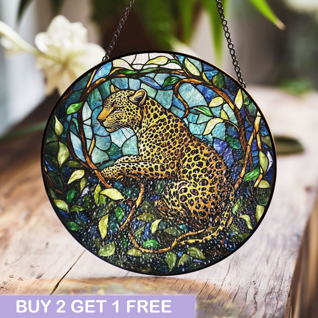 Stained Glass Leopard in Jungle Window Hanging, Exquisite Wildlife ...