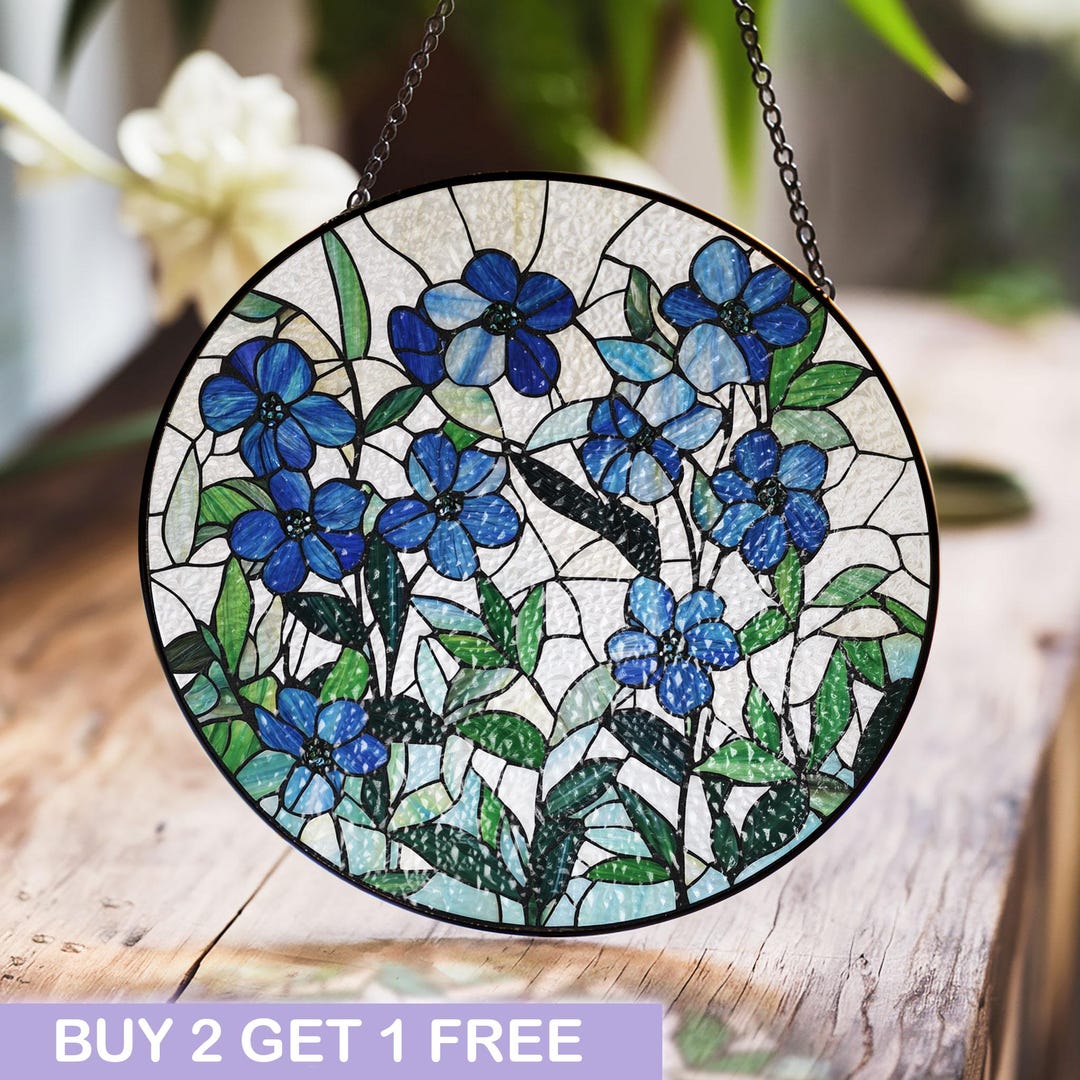 Blue Floral Stained Glass Window Panel - Vibrant Round Sun Catcher for ...