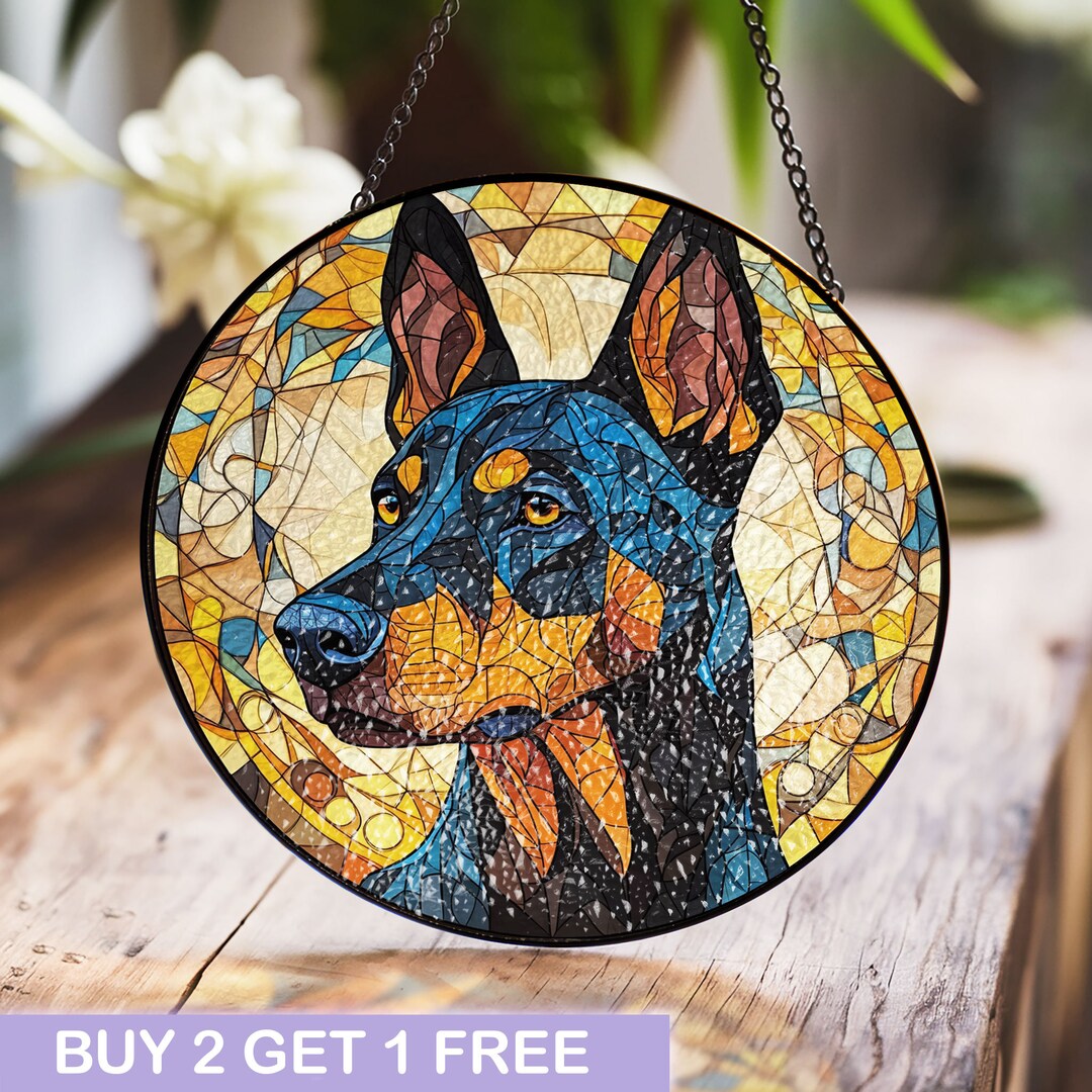 Doberman Stained Glass Panel Elegant and Vibrant Dog Art Decor, Perfect ...
