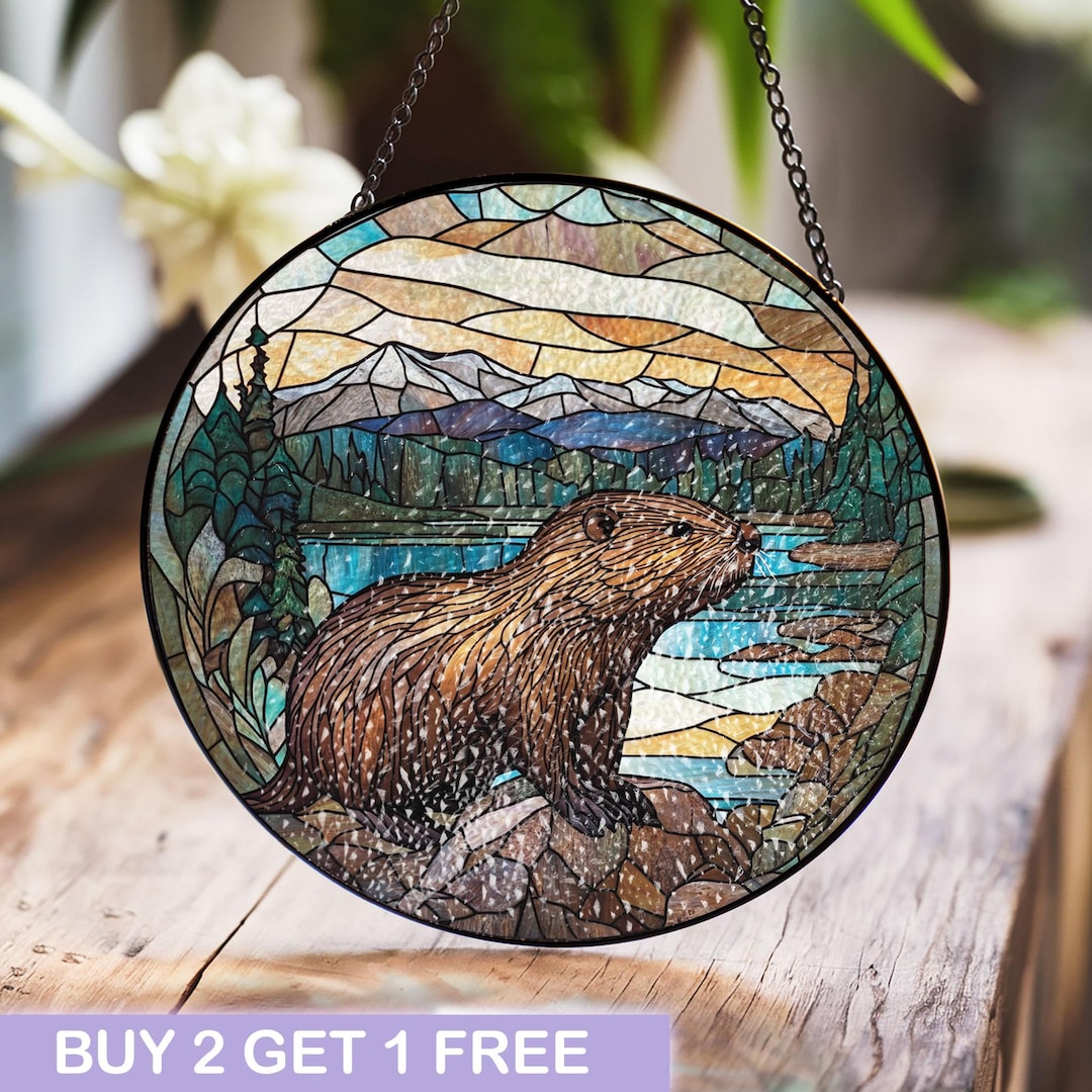 Beaver Stained Glass Panel - Scenic Mountain and Lake Wildlife Design ...