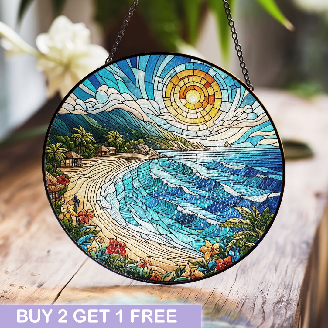 Tropical Beach Stained Glass Art – Serene Coastal Sunset Window Decor ...