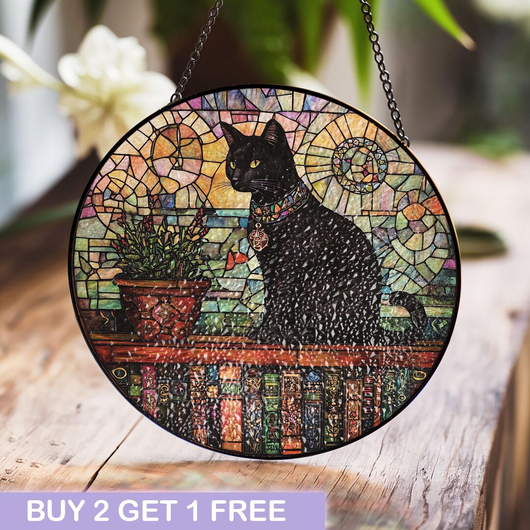 Enchanting Black Cat Stained Glass Panel, Mystical Window Art - Etsy