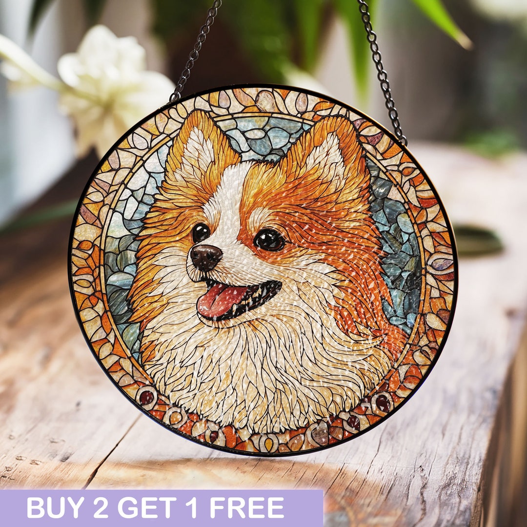 Pomeranian Stained Glass Panel – Vibrant Dog Art Decor With Cheerful ...