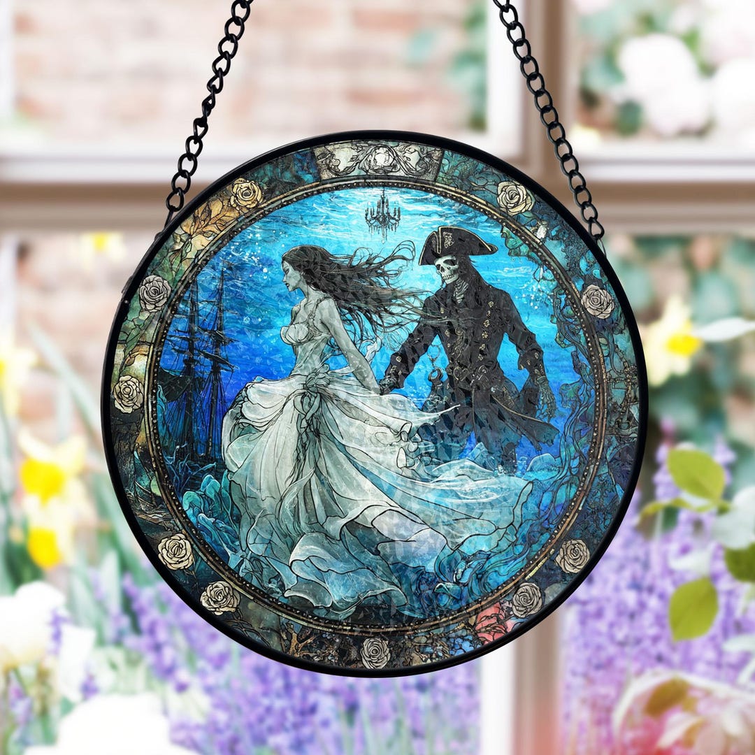 Skeleton Pirate Stained Glass, Suncatcher, Romantic Couple Scene Window ...