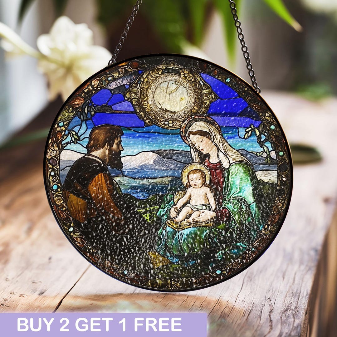 Stained Glass Nativity Scene Window Hanging Beautiful Holy Family Art ...