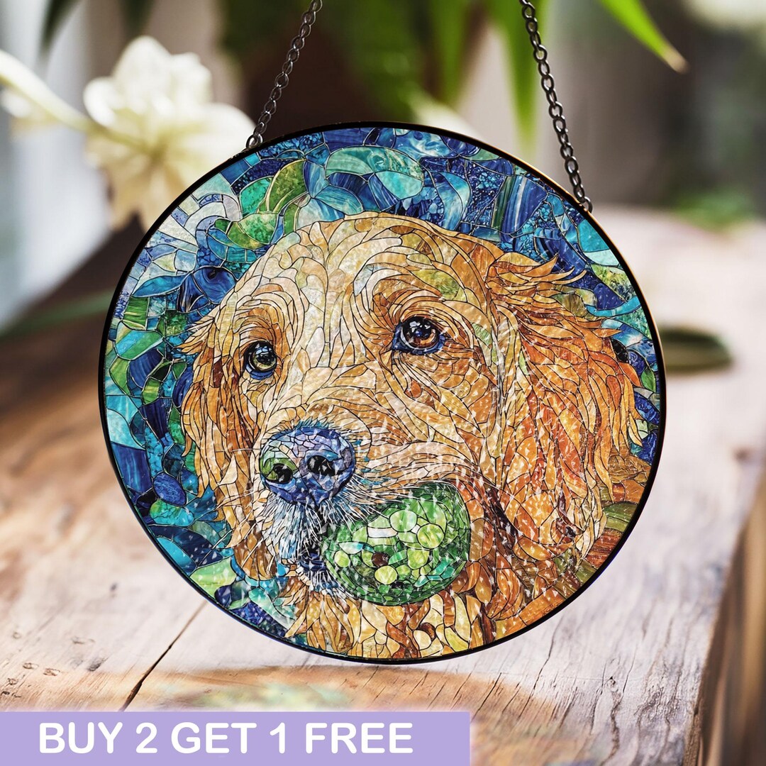Golden Retriever Stained Glass Panel With Ball for Window or Wall Decor ...