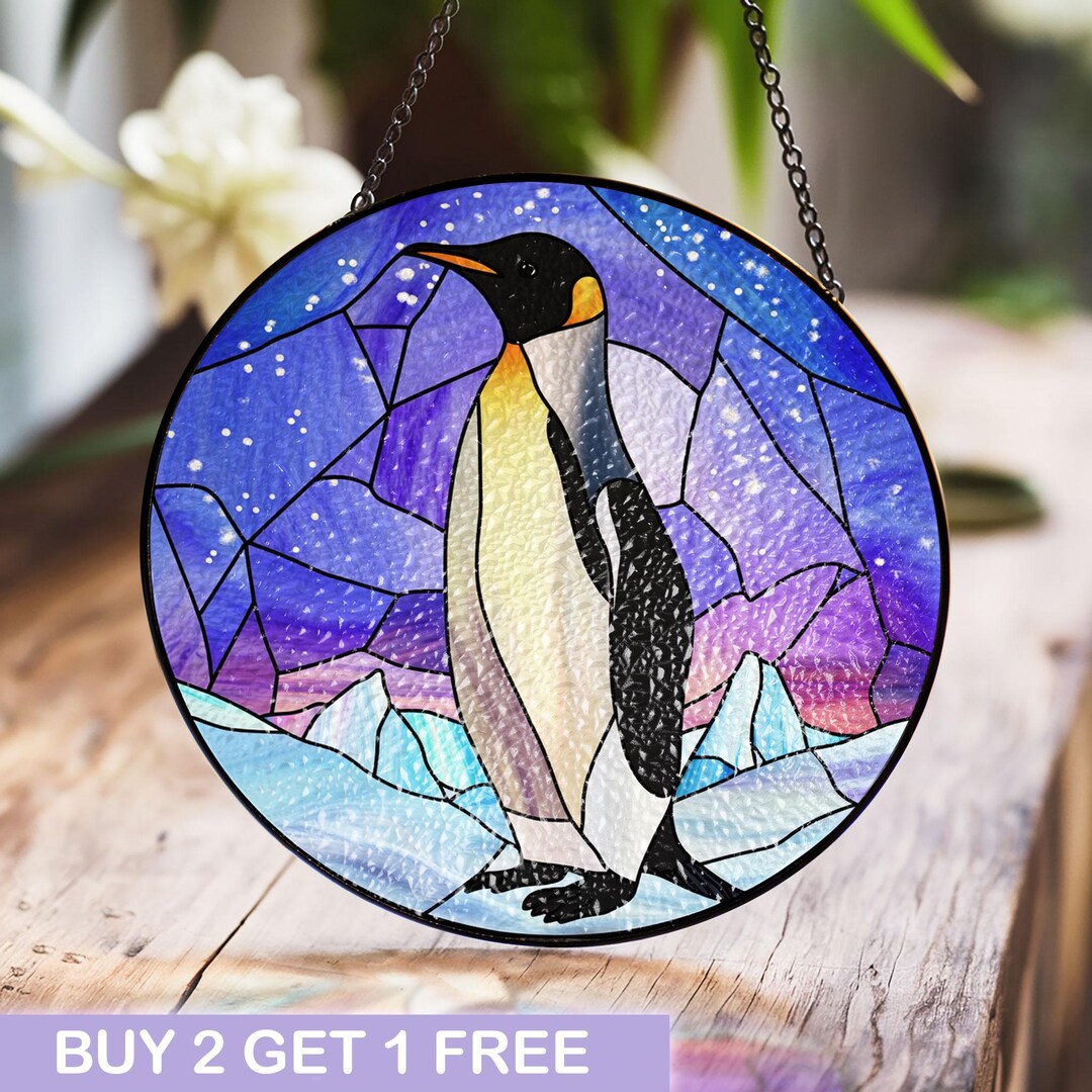 Majestic Penguin Stained Glass Panel Winter Wonderland Scene for Animal ...
