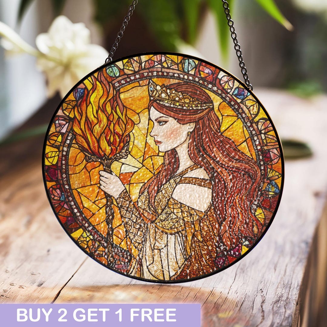 Queen Stained Glass Panel - Regal Portrait With Fiery Torch and Golden ...