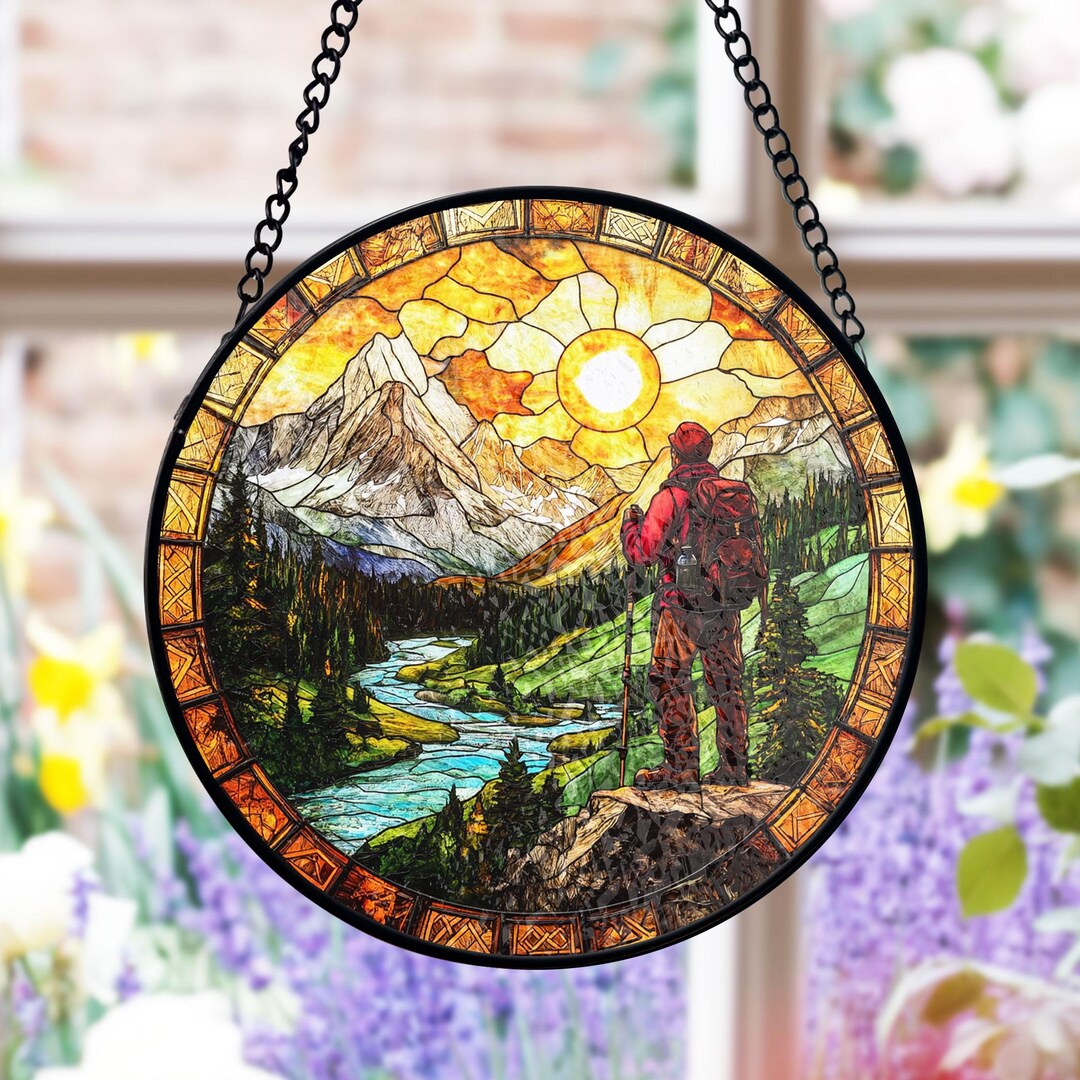 Hiking Stained Glass Suncatcher, Scenic Mountain Window Hanging, Nature ...