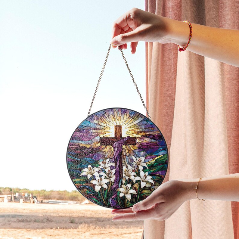 Easter Cross Stained Glass Suncatcher, Christian Window Decor ...