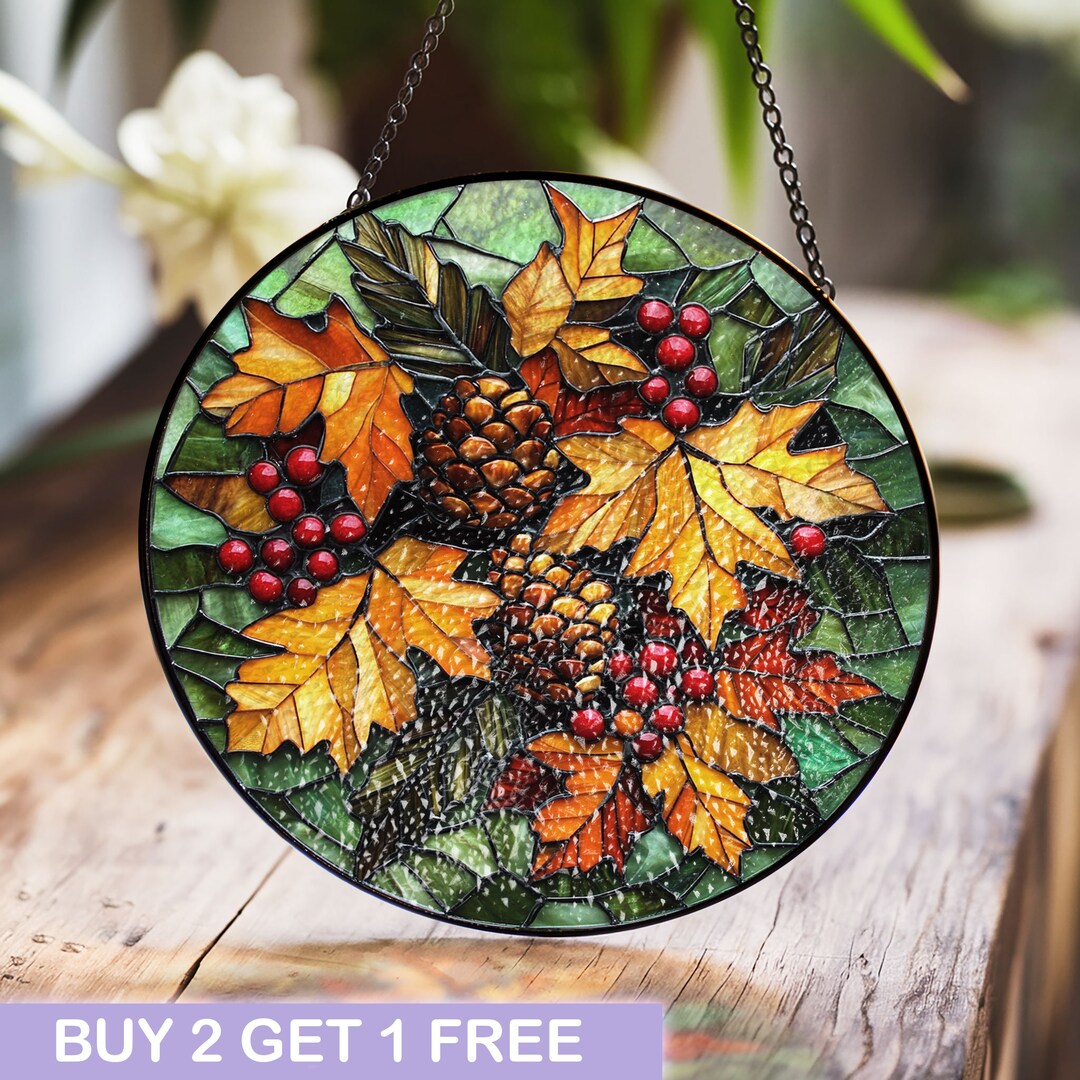 Autumn Stained Glass Panel With Pinecones, Berries, and Fall Leaves ...