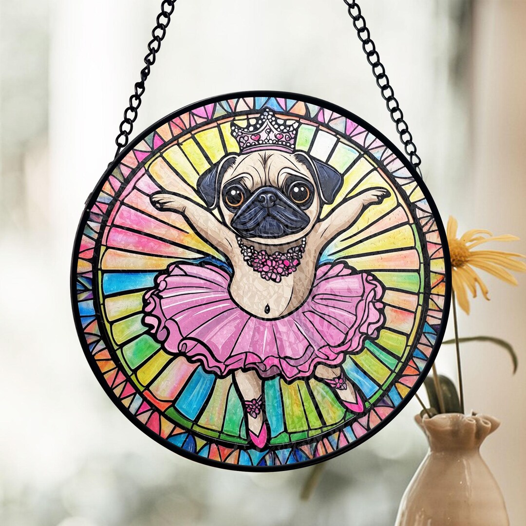 Ballet Pug Stained Glass Suncatcher, Pink Tutu Dog Window Decor, Cute ...