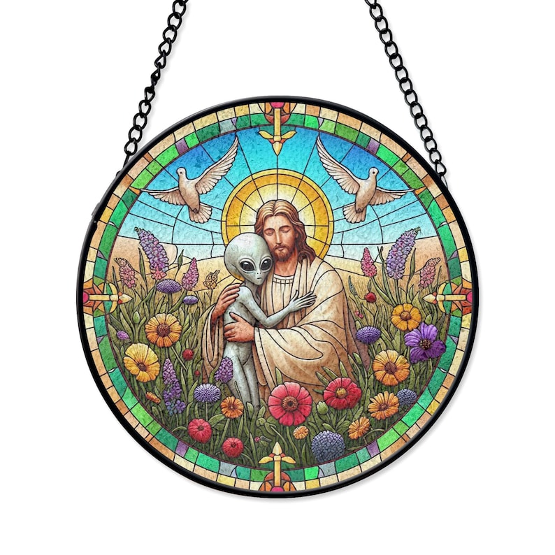 Jesus Hugging Alien Stained Glass Suncatcher, Funny Christian Decor ...