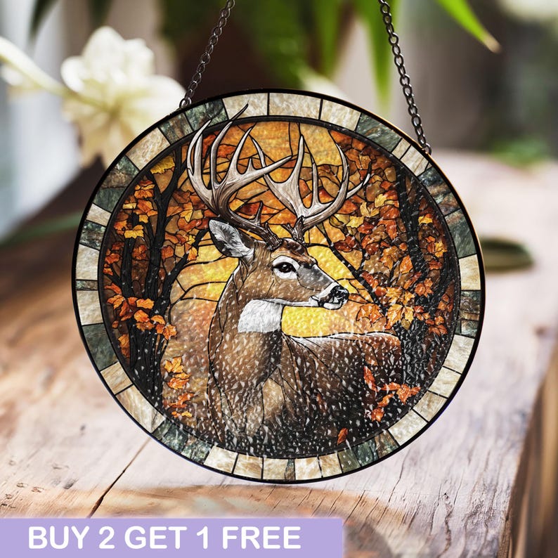 Deer Stained Glass Suncatcher, Majestic Buck Forest Decor, Autumn ...