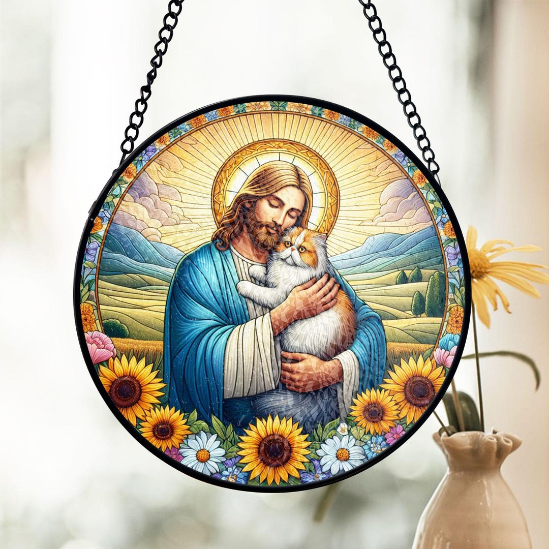 Jesus Hugging Persian Cat Stained Glass Suncatcher, Pet Memorial Decor ...