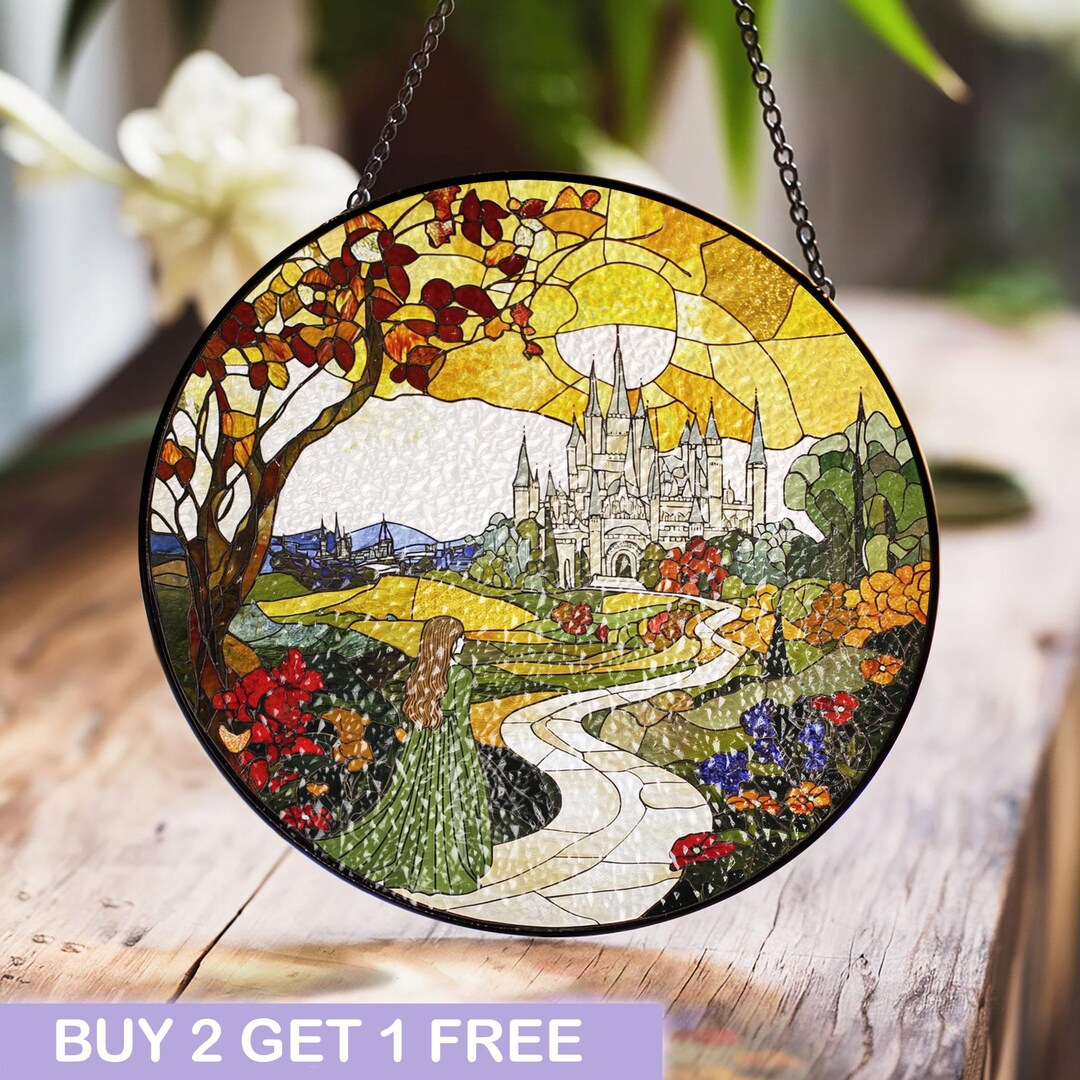 Stained Glass Fairy Tale Castle Panel With Vibrant Landscape and ...