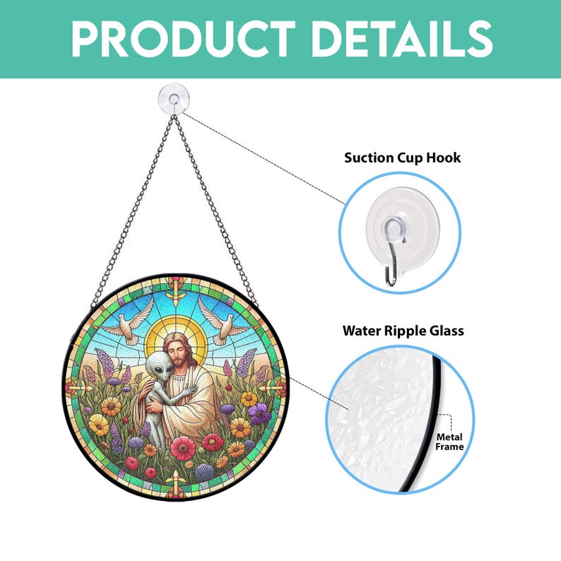 Jesus Hugging Alien Stained Glass Suncatcher, Funny Christian Decor ...