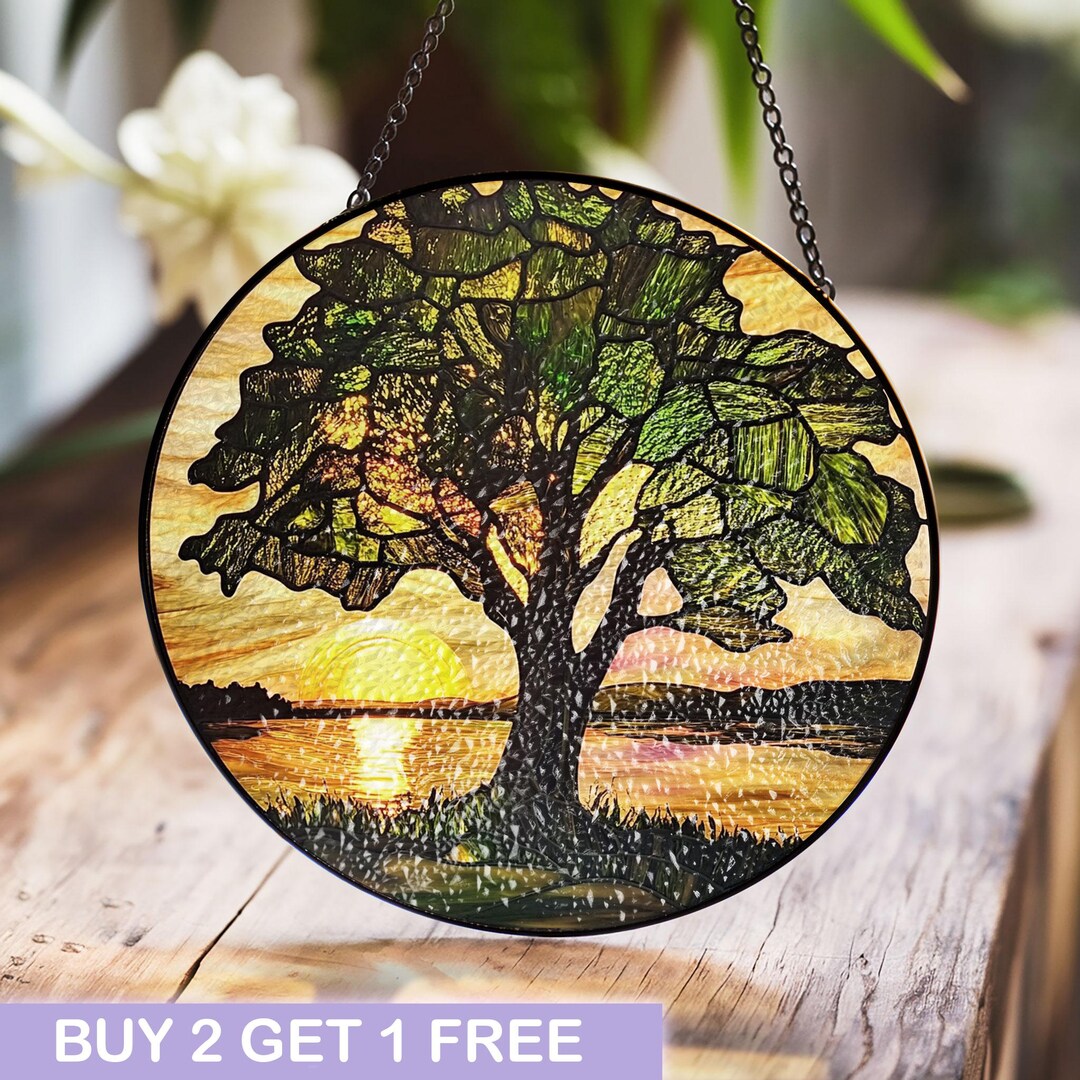 Stained Glass Tree of Life Sunset Window Hanging - Tranquil Nature Art ...