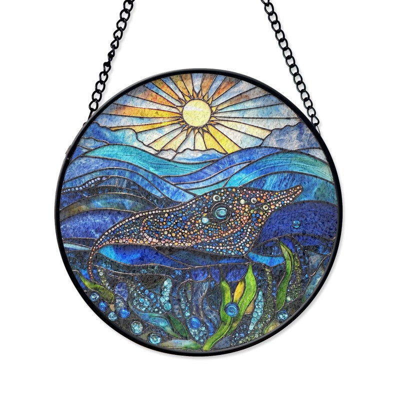 Ocean Stained Glass Window Hanging - Vibrant Whale and Sun Design With ...