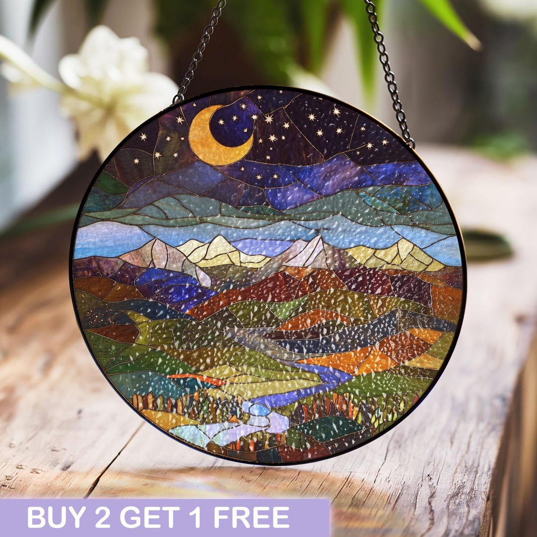 Mountain Landscape Stained Glass Window Hanging With Moonlit Night and ...