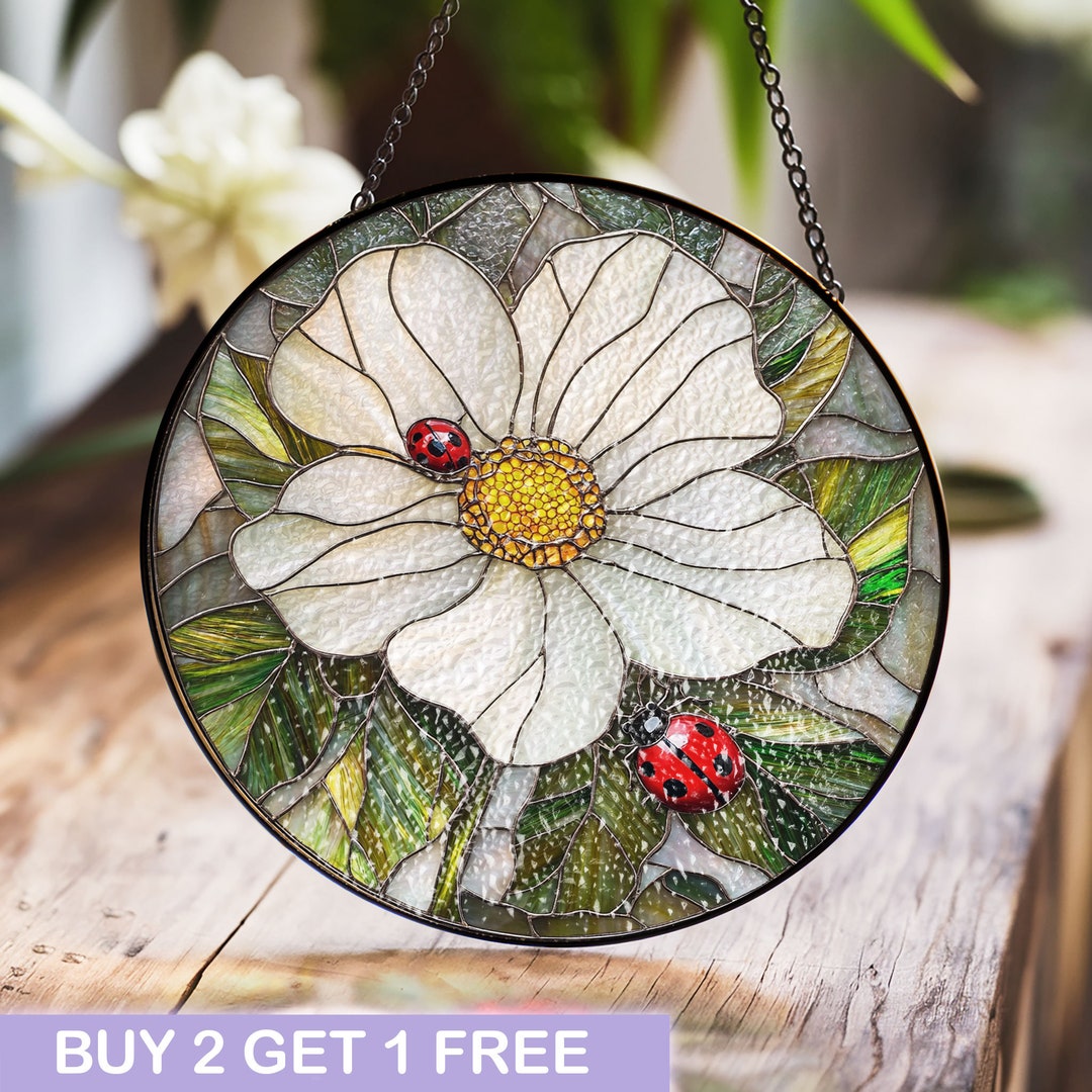 Stained Glass Ladybugs on White Flower Window Hanging, Nature-inspired ...