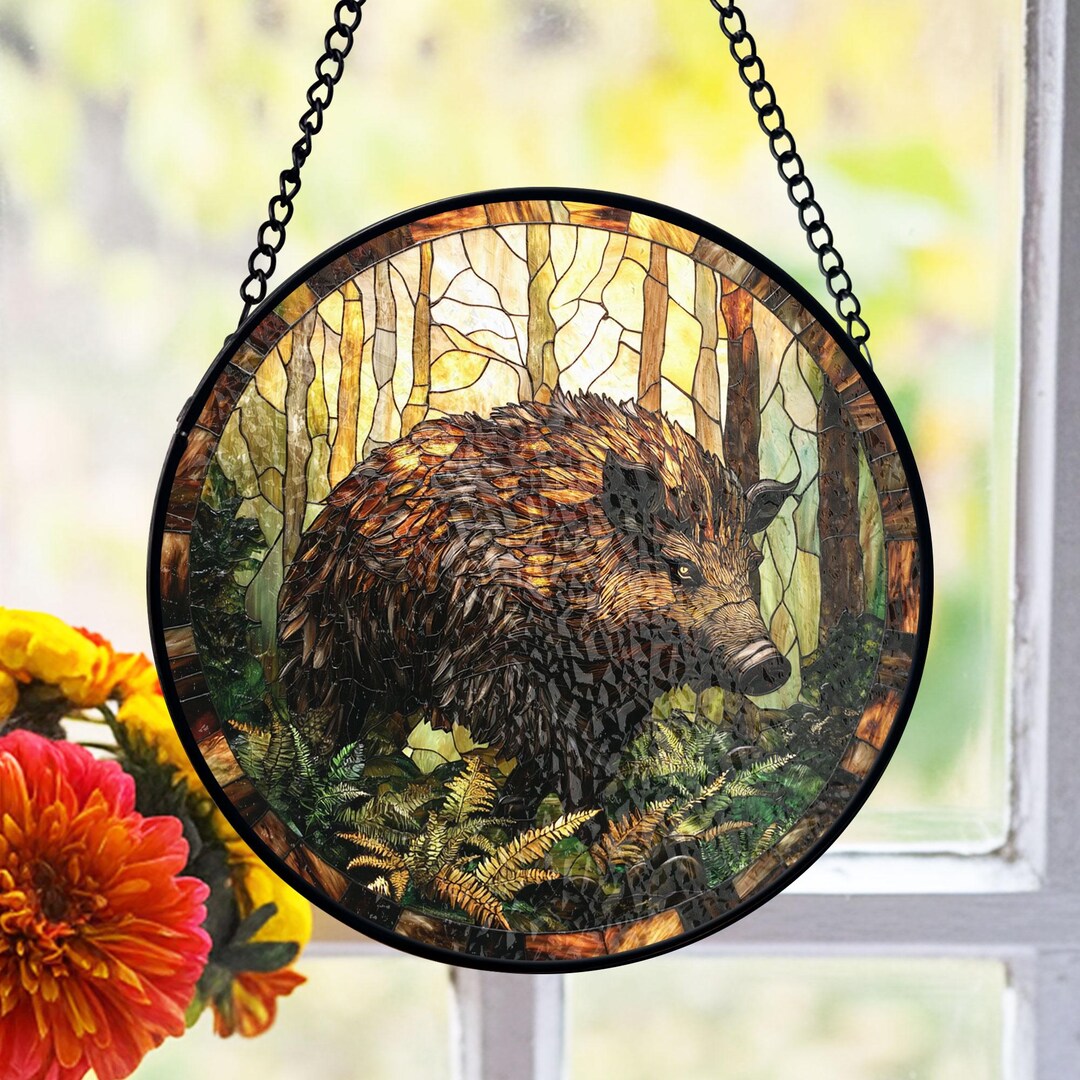 Wild Boar Stained Glass Suncatcher, Forest Scene Window Decor, Rustic ...