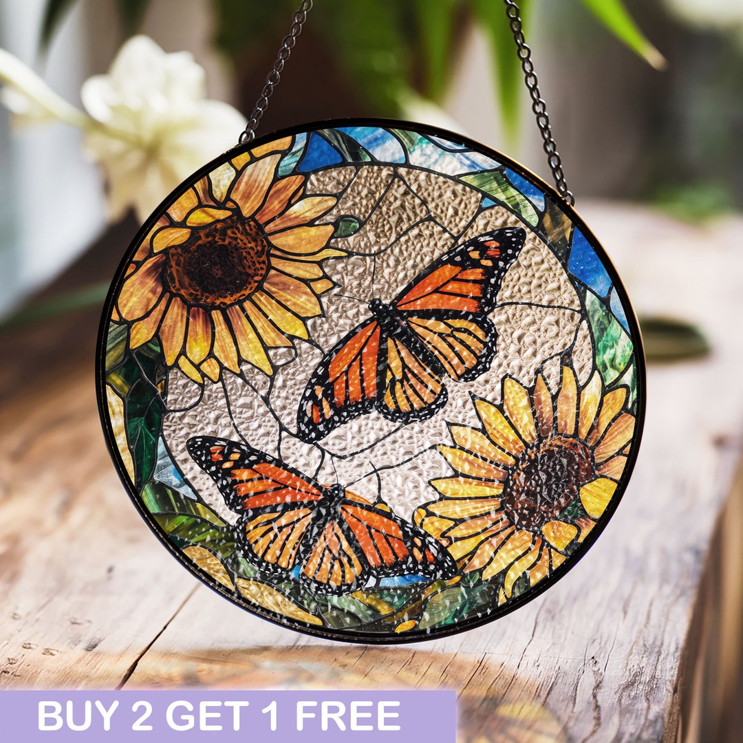 Stained Glass Monarch Butterflies and Sunflowers Suncatcher Perfect Window Hanging - Etsy