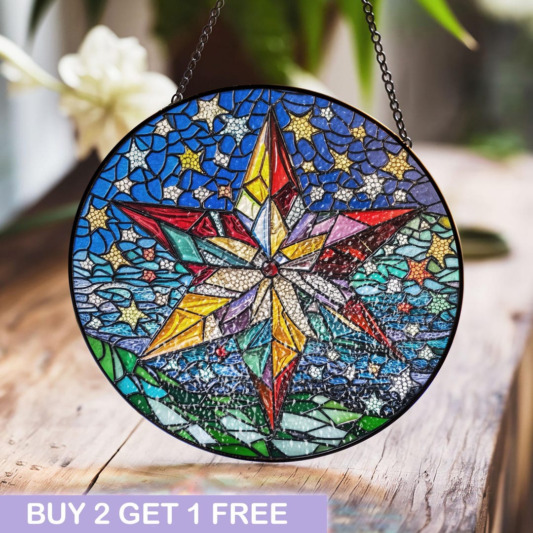 Radiant Star Stained Glass Panel – Colorful Starburst Window Art for ...