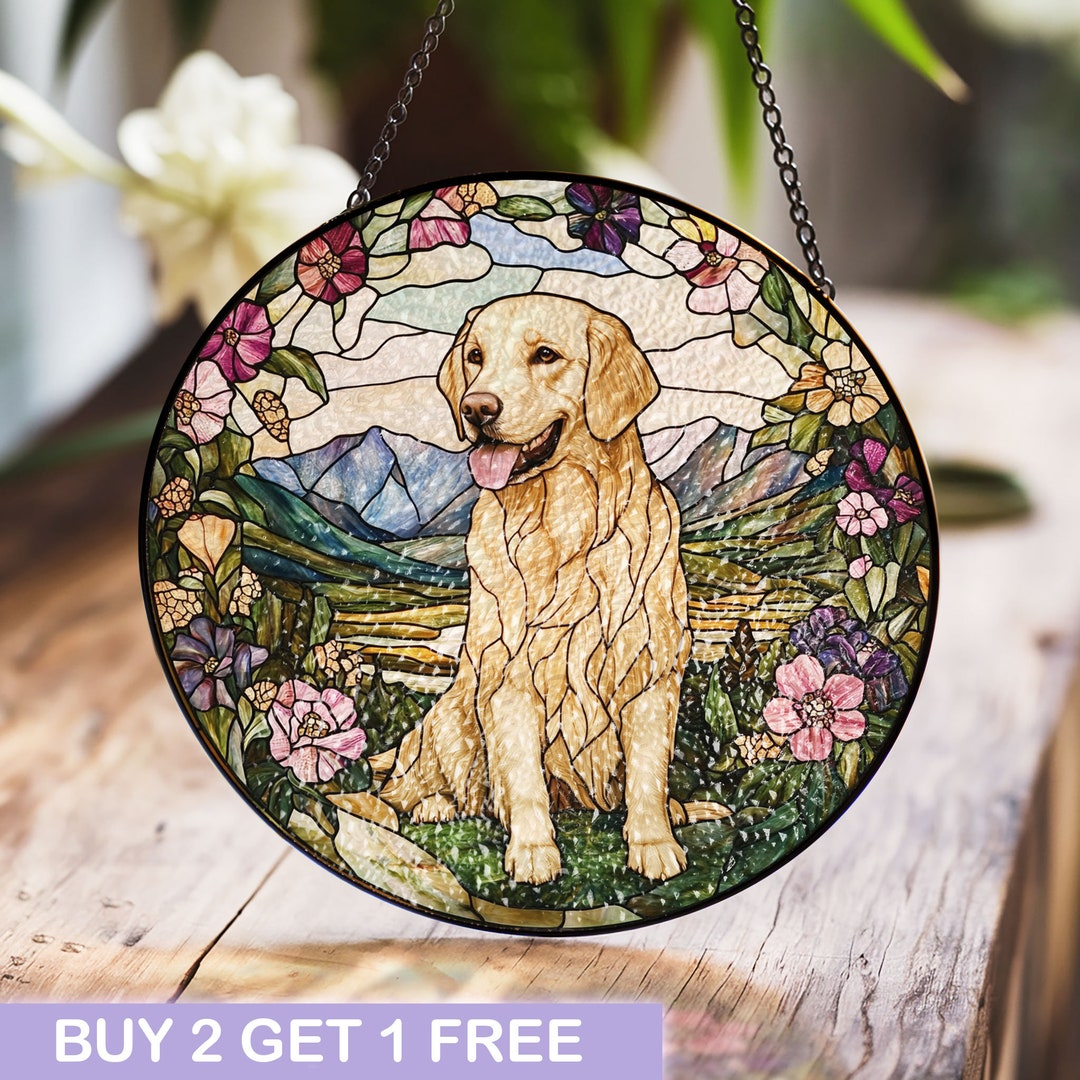 Golden Retriever Stained Glass Panel – Dog Art Decor With Mountain and ...
