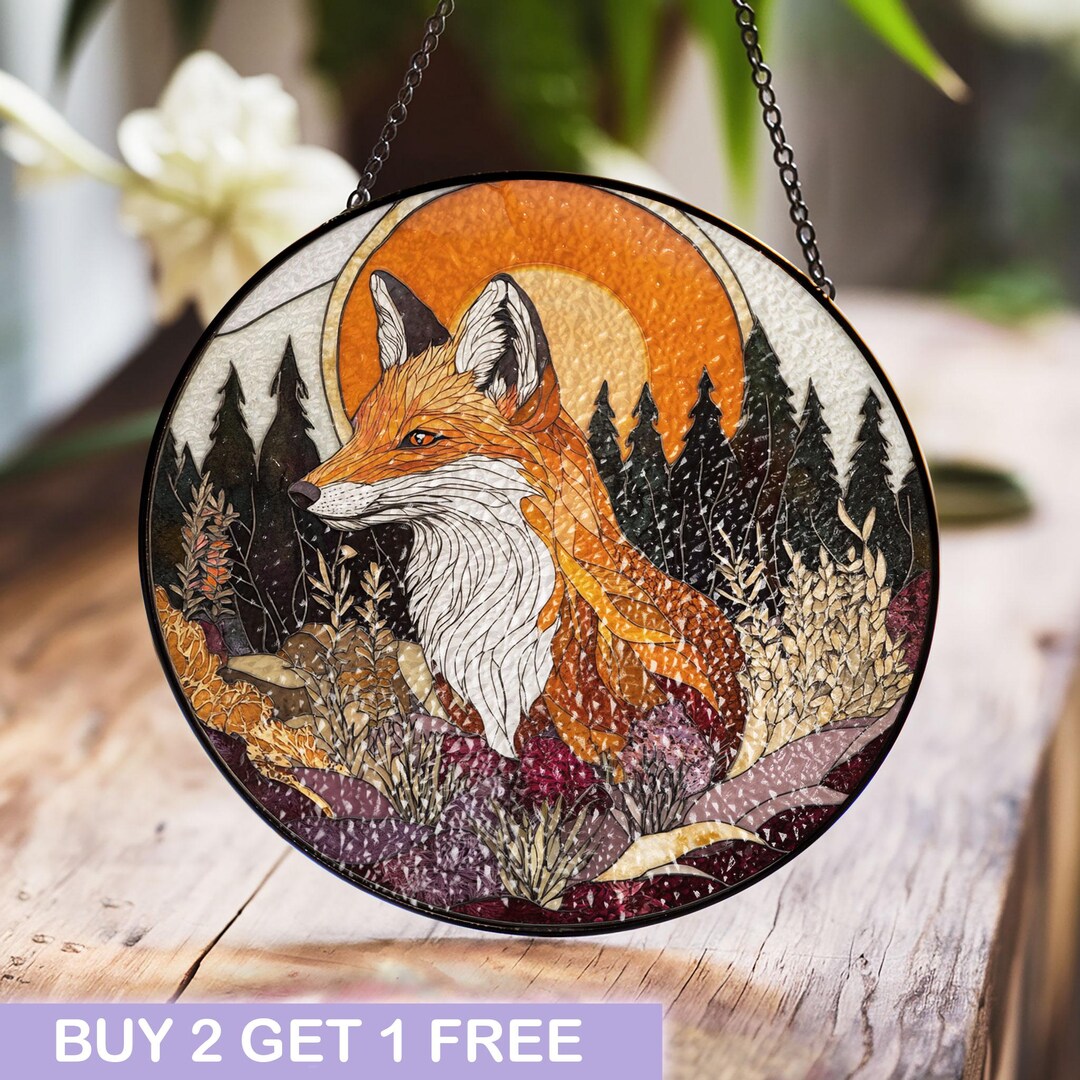 Majestic Fox Stained Glass Panel - Woodland Sunset Scene Window Decor ...