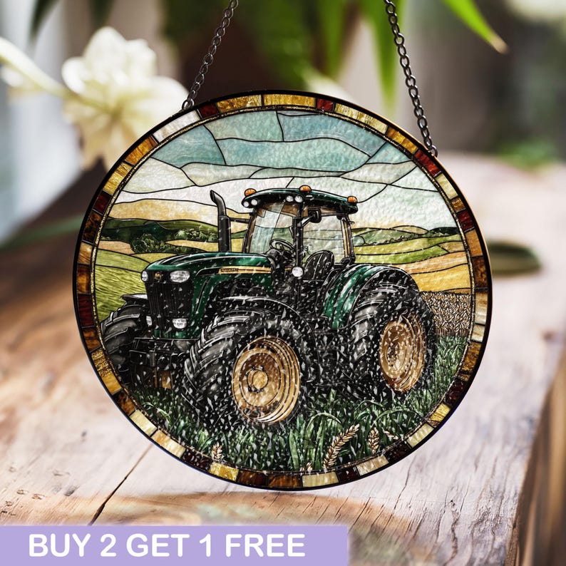 Tractor Stained Glass Suncatcher, Farm Landscape Window Decor, Rustic ...
