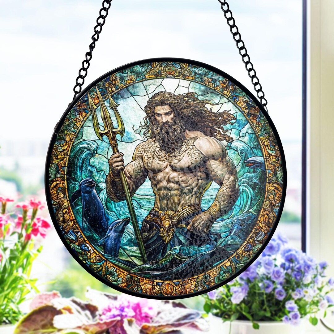 Poseidon Stained Glass Suncatcher, Mythological Window Hanging, Ocean ...