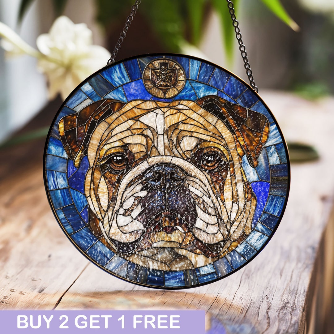Bulldog Stained Glass Panel – Bold and Detailed Dog Art Decor for ...