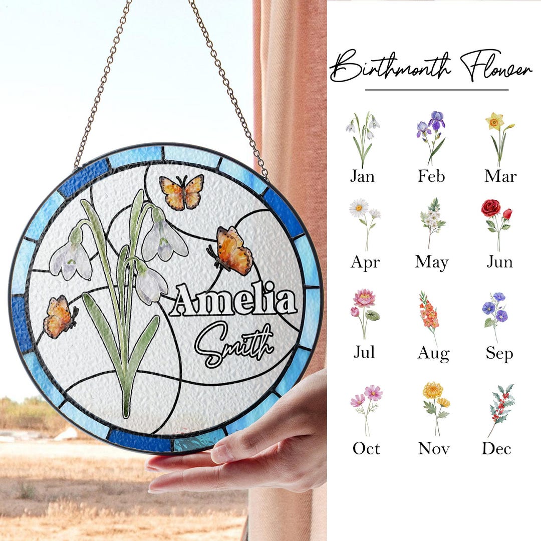 Personalized Birth Flower Stained Glass, Birth Month Flower Window ...