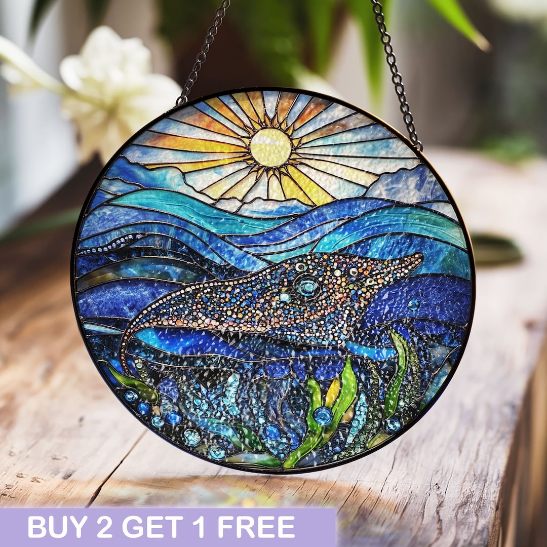 Ocean Stained Glass Window Hanging - Vibrant Whale and Sun Design With ...