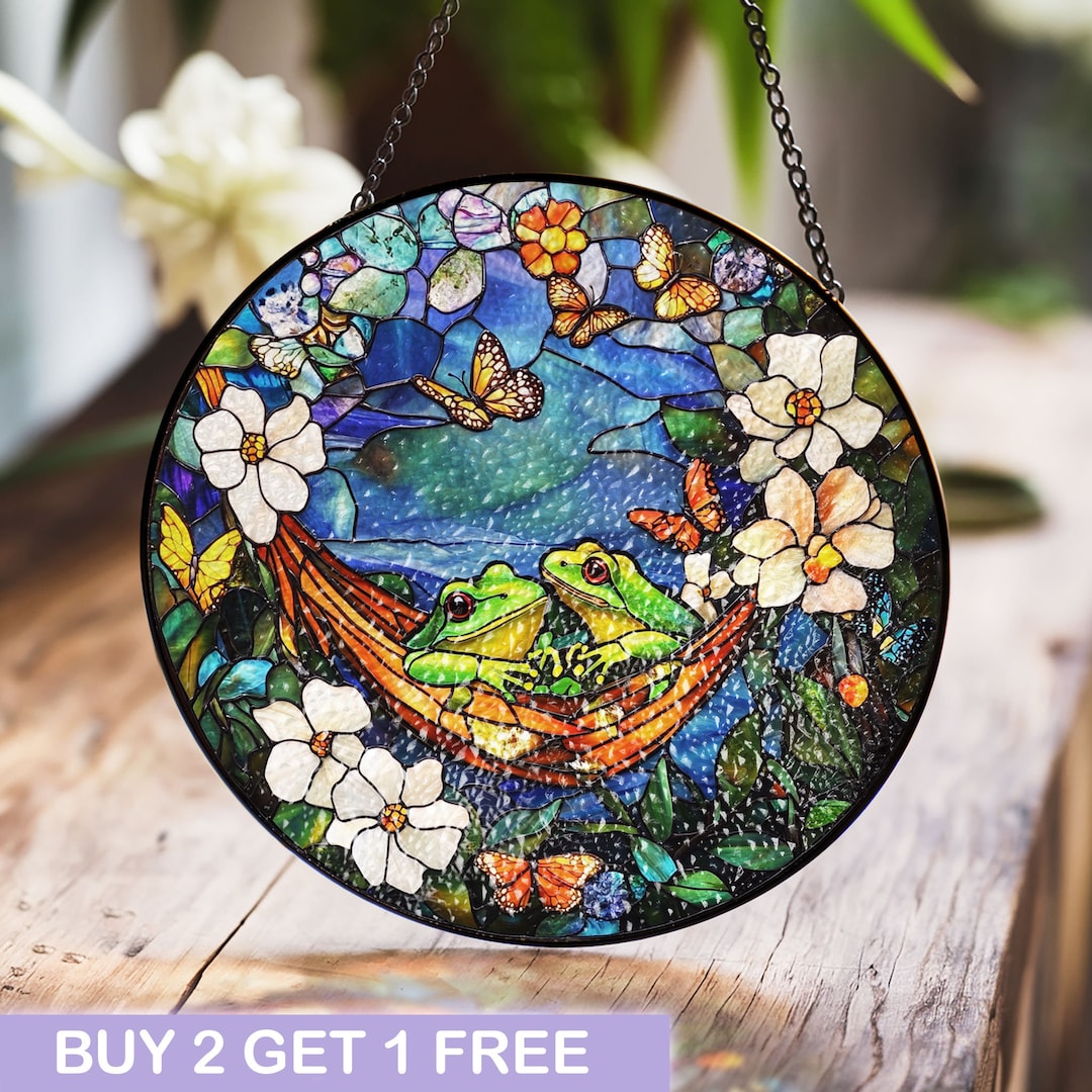 Stained Glass Frogs and Butterflies Window Hanging, Colorful Nature ...