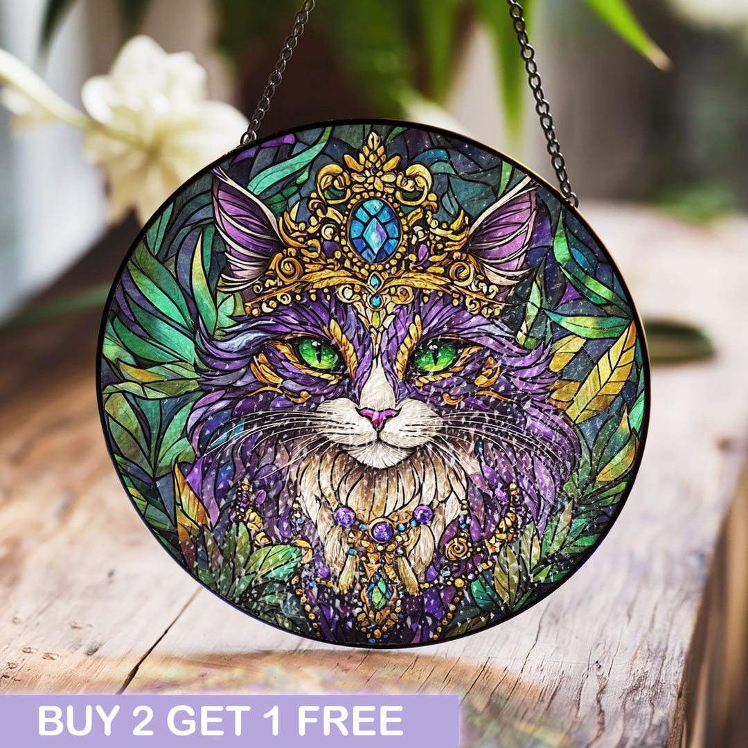 Mardi Gras Royal Cat Stained Glass Panel - Vibrant Carnival Window ...