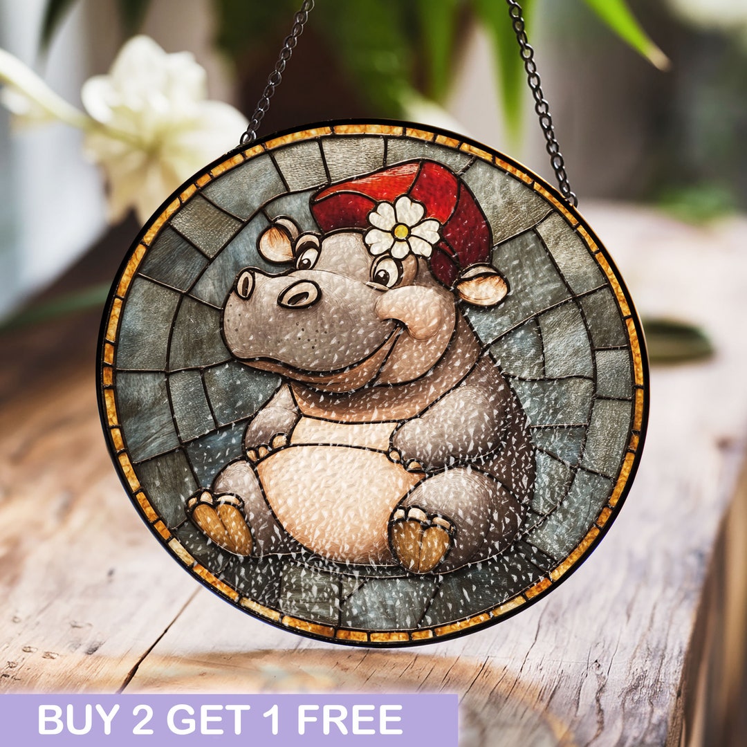 Charming Moo Deng Hippo Stained Glass Window Hanging – Ideal Gift for ...