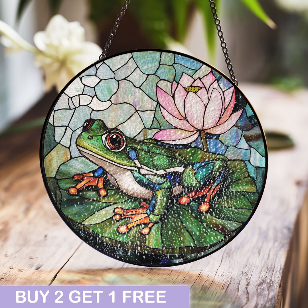 Frog and Lotus Stained Glass Suncatcher, Nature Inspired Window Art ...